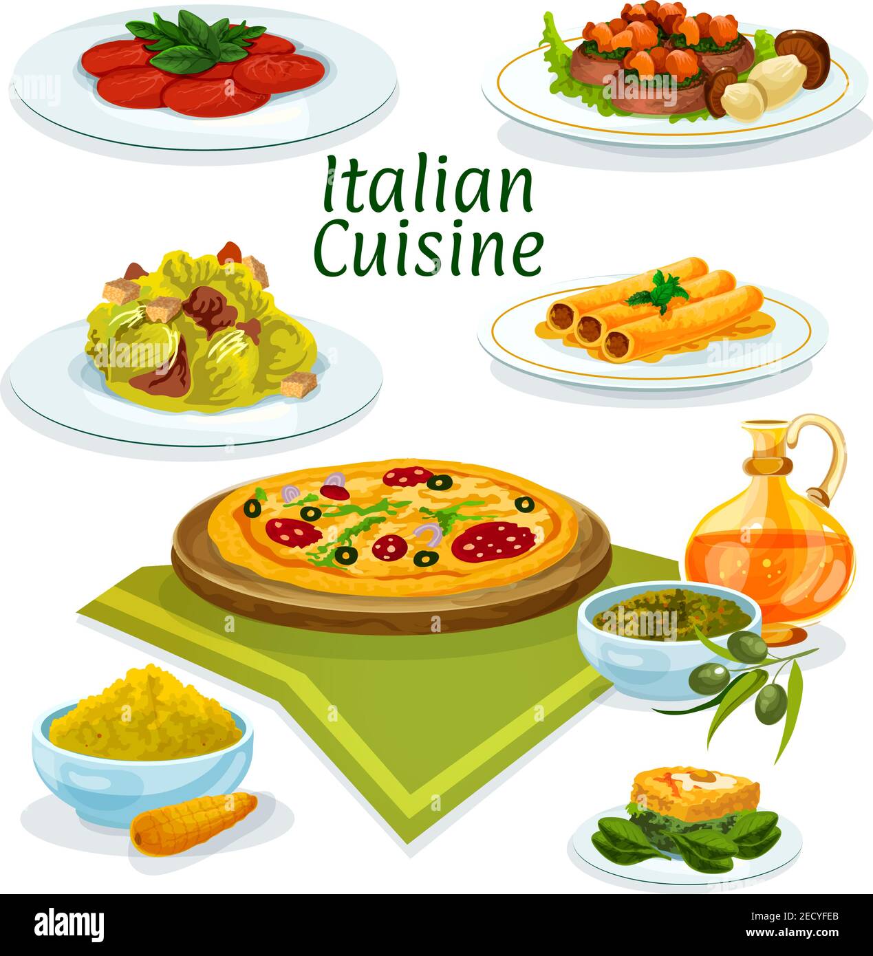 Italian cuisine pepperoni pizza cartoon icon served with beef carpaccio ...