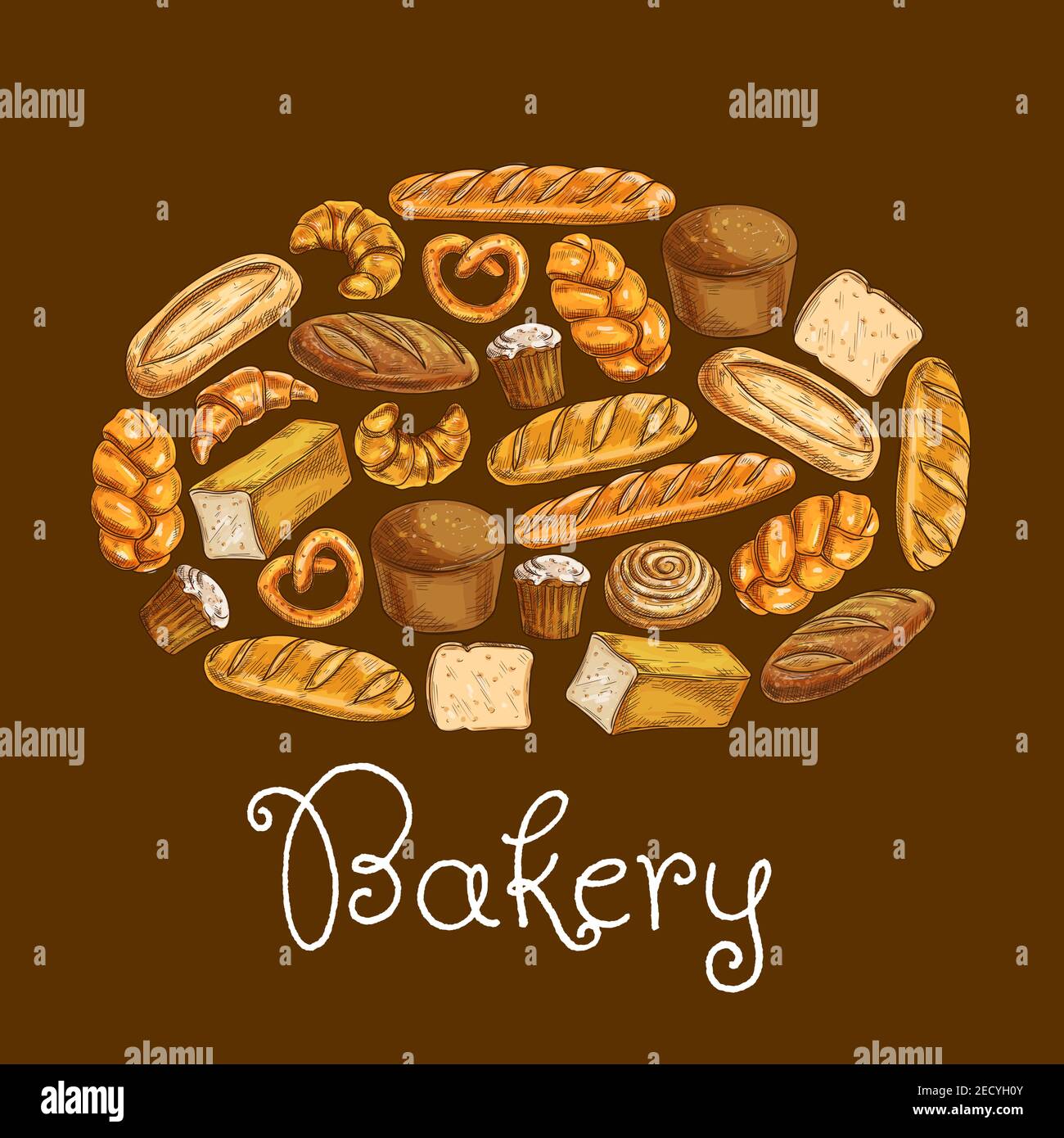 Bread sorts in shape of bread loaf. Bakery emblem. Vector icons of ...