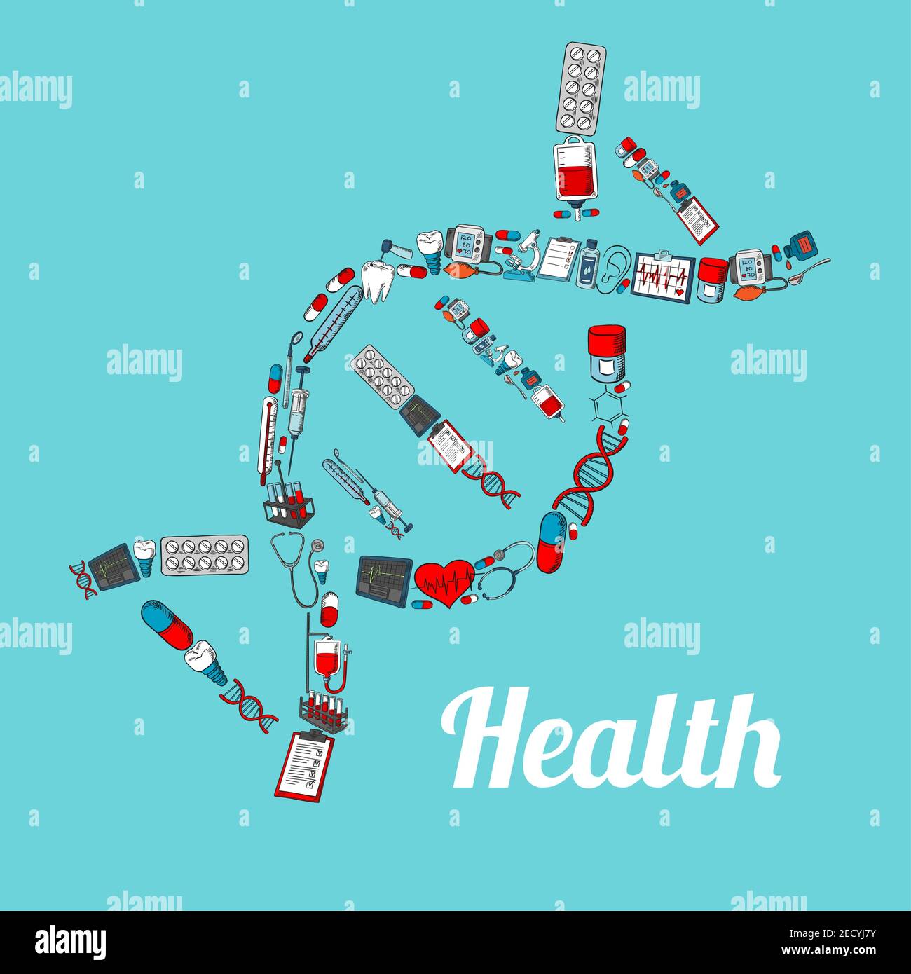 DNA strand silhouette composed of sketched stethoscope, thermometer ...