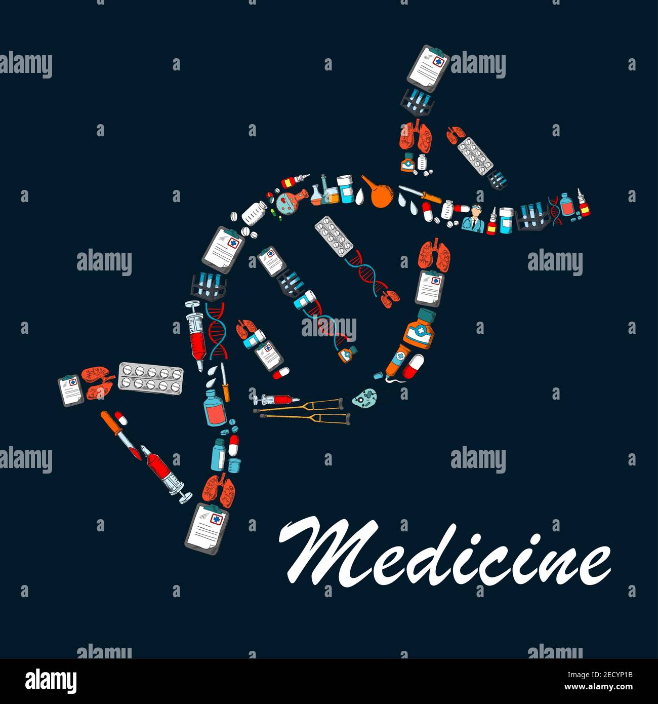 DNA helix symbol made up of medicine bottles, pill, syringe, doctor ...