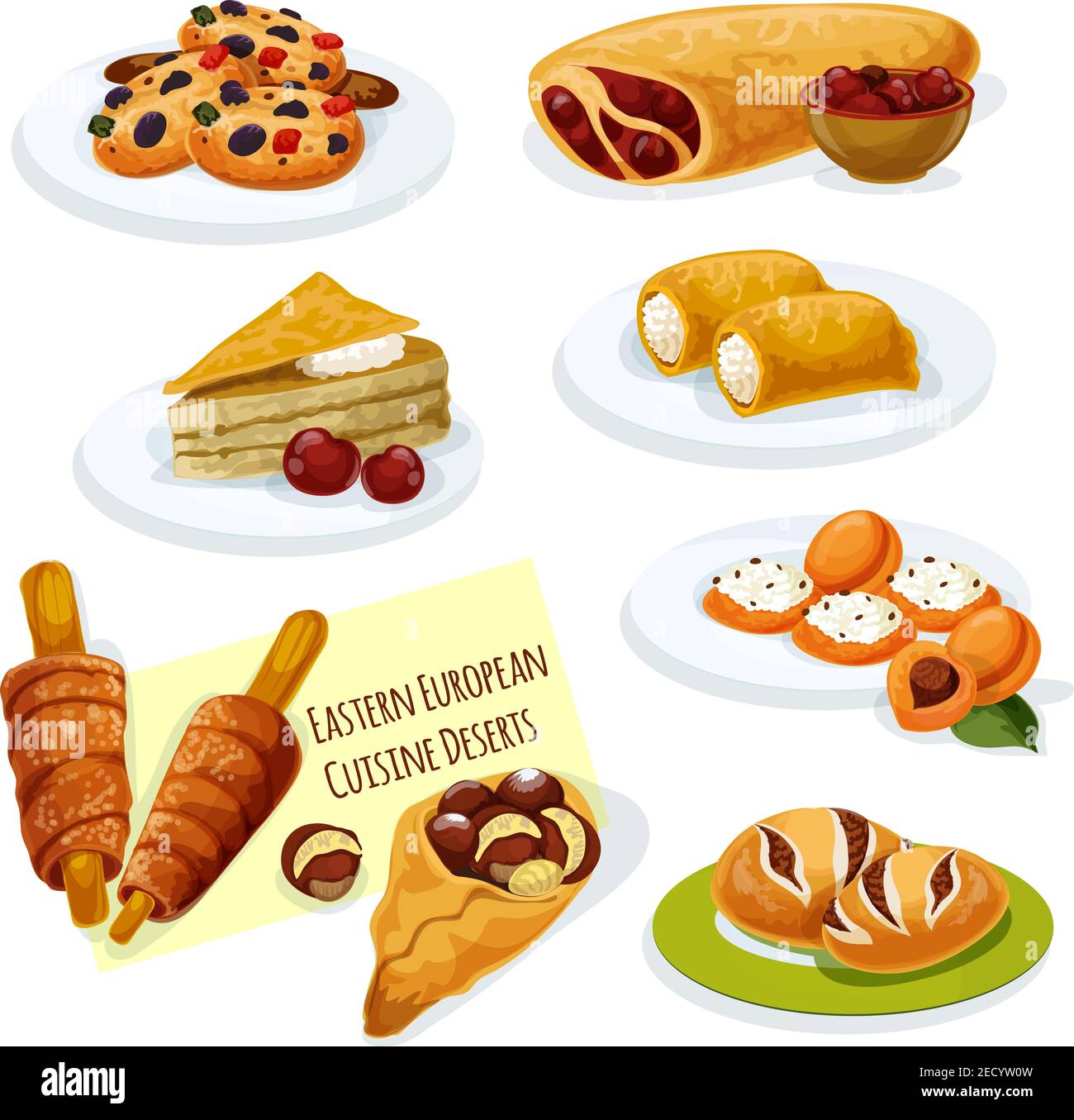 Eastern european cuisine desserts cartoon icon with cherry strudel ...