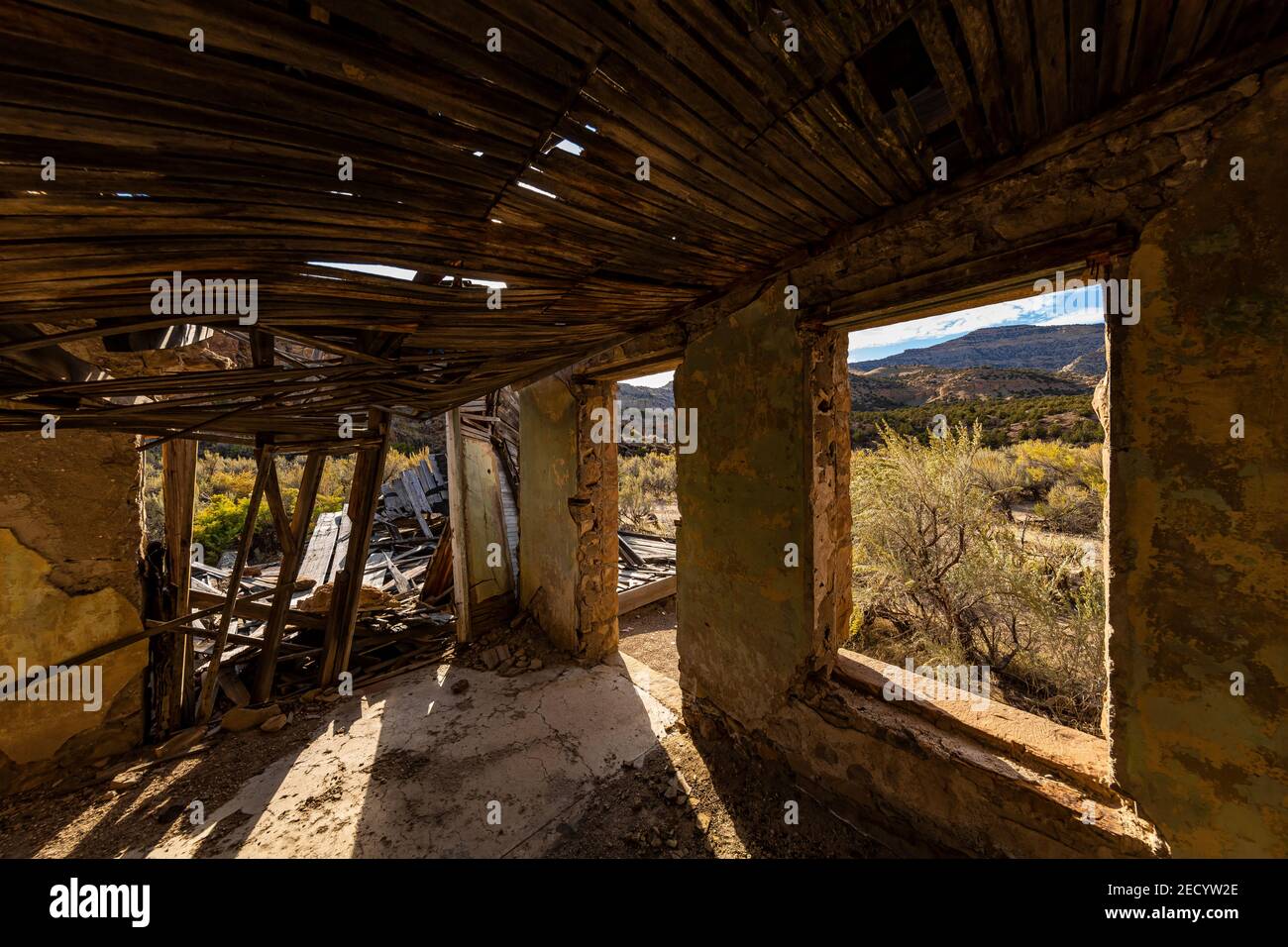 Abandoned stone and timber building in the old coal mining ghost town ...