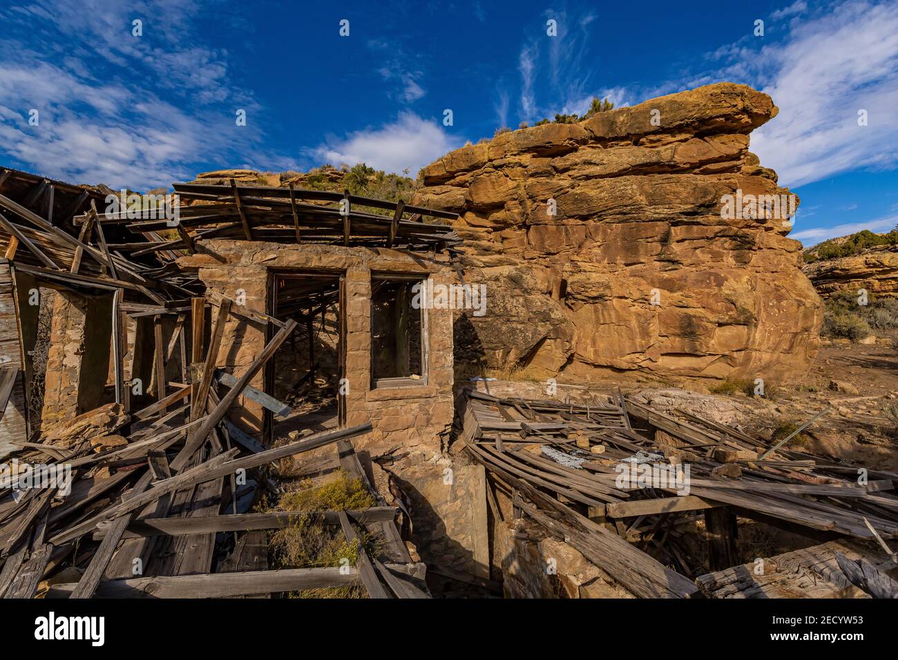 Abandoned stone and timber building in the old coal mining ghost town ...