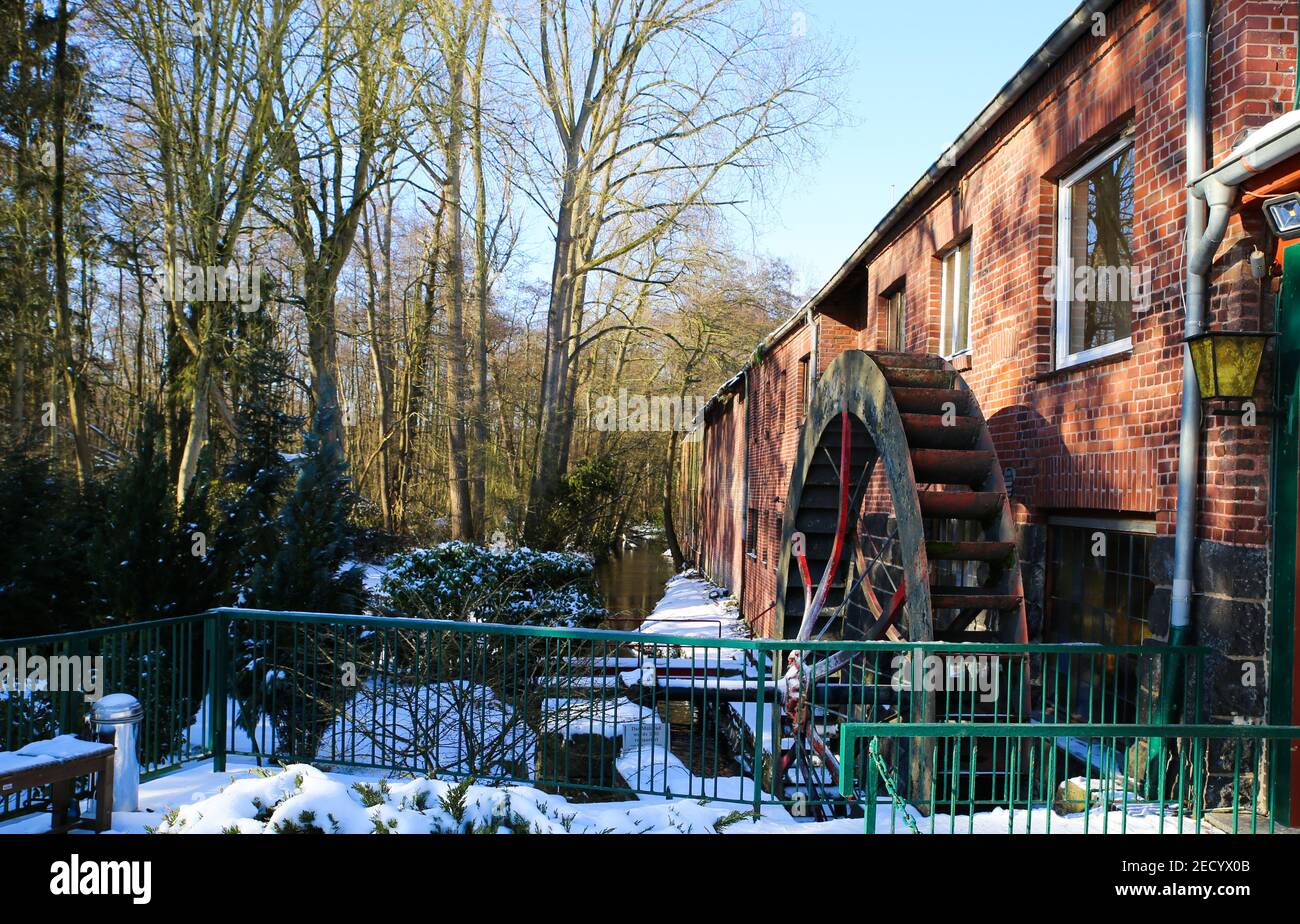 Wegberg (Holtmuhle), Germany - February 9. 2021: View on old water mill ...