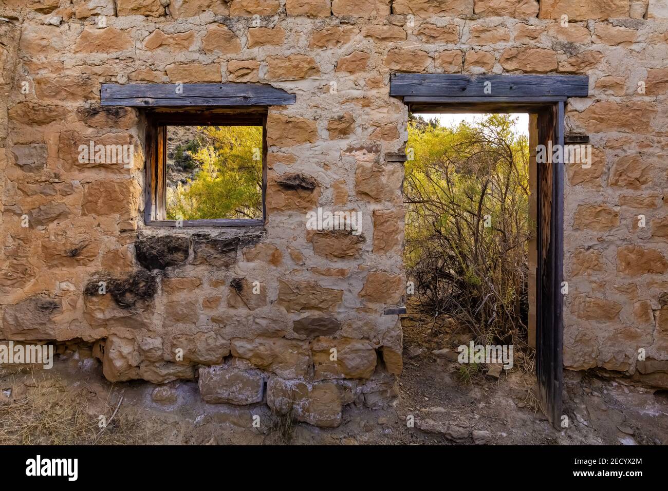 Abandoned stone and timber building in the old coal mining ghost town ...