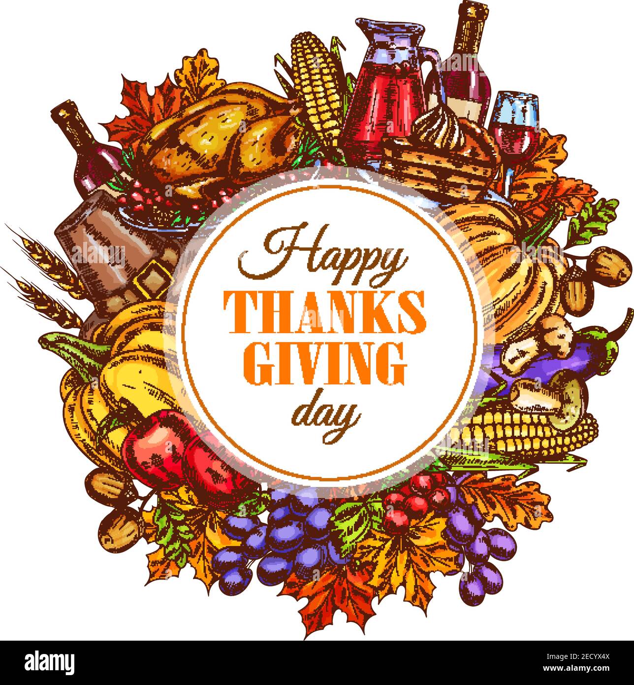 Thanksgiving Day decoration design. Vector round sticker for ...