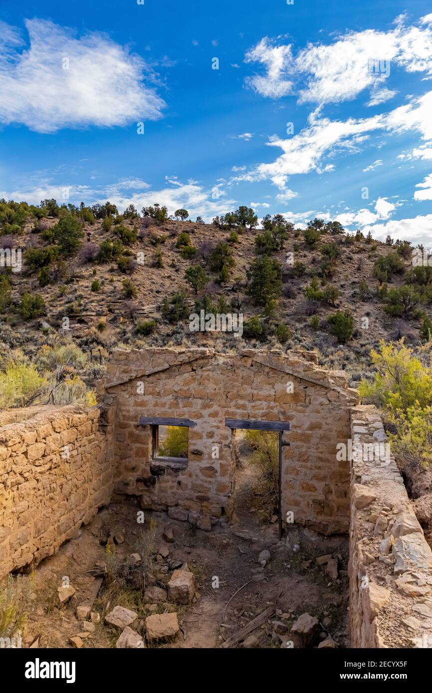 Abandoned stone and timber building in the old coal mining ghost town ...