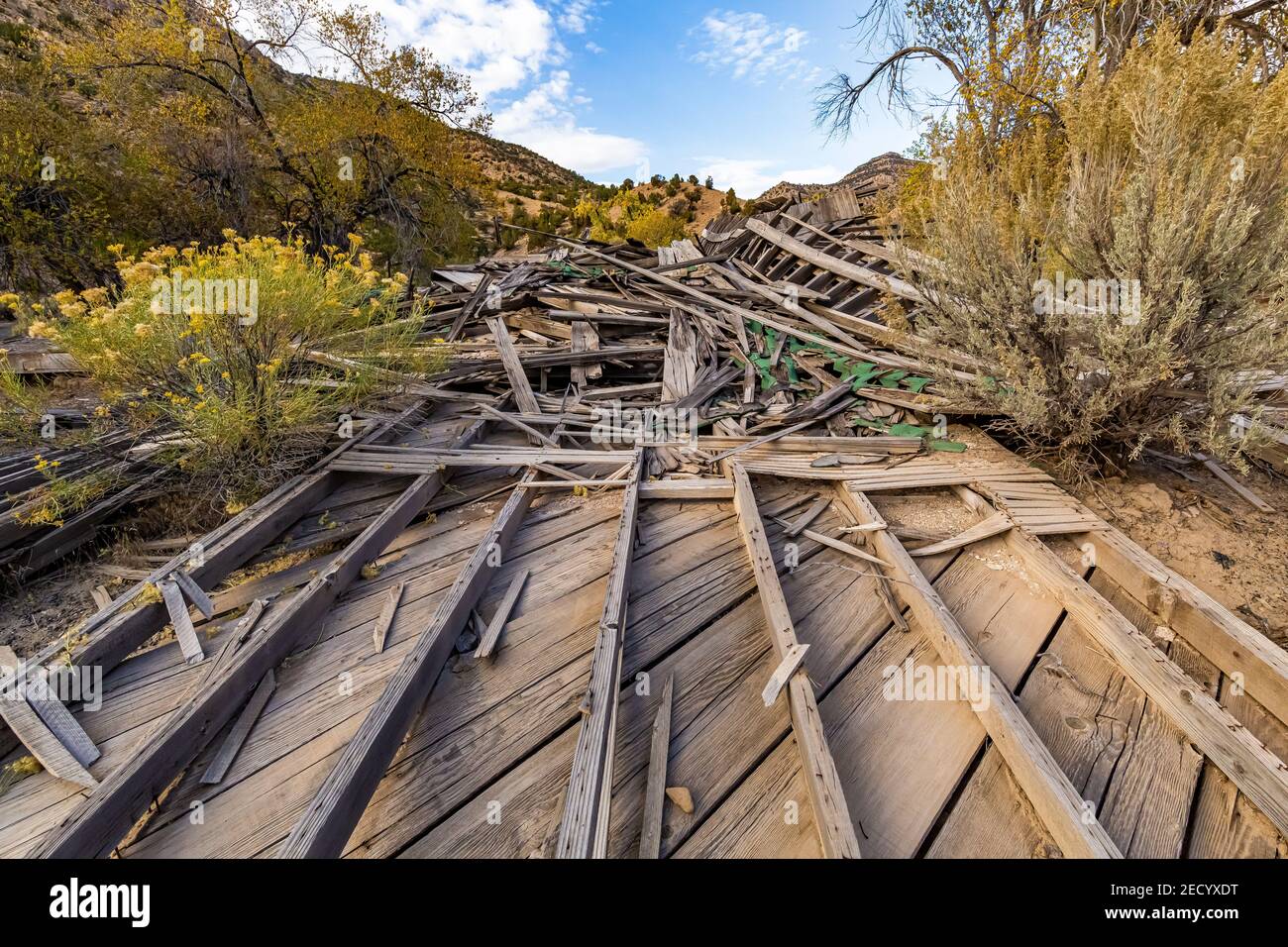 Collapsed building in the old coal mining ghost town of Sego, Utah, USA ...