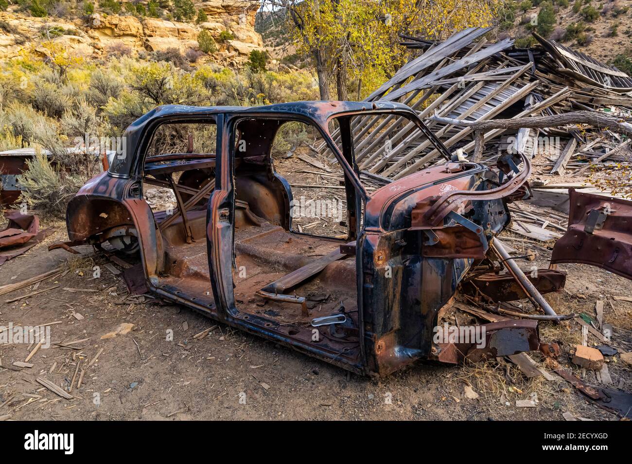 Old car frame in the old coal mining ghost town of Sego, Utah, USA ...