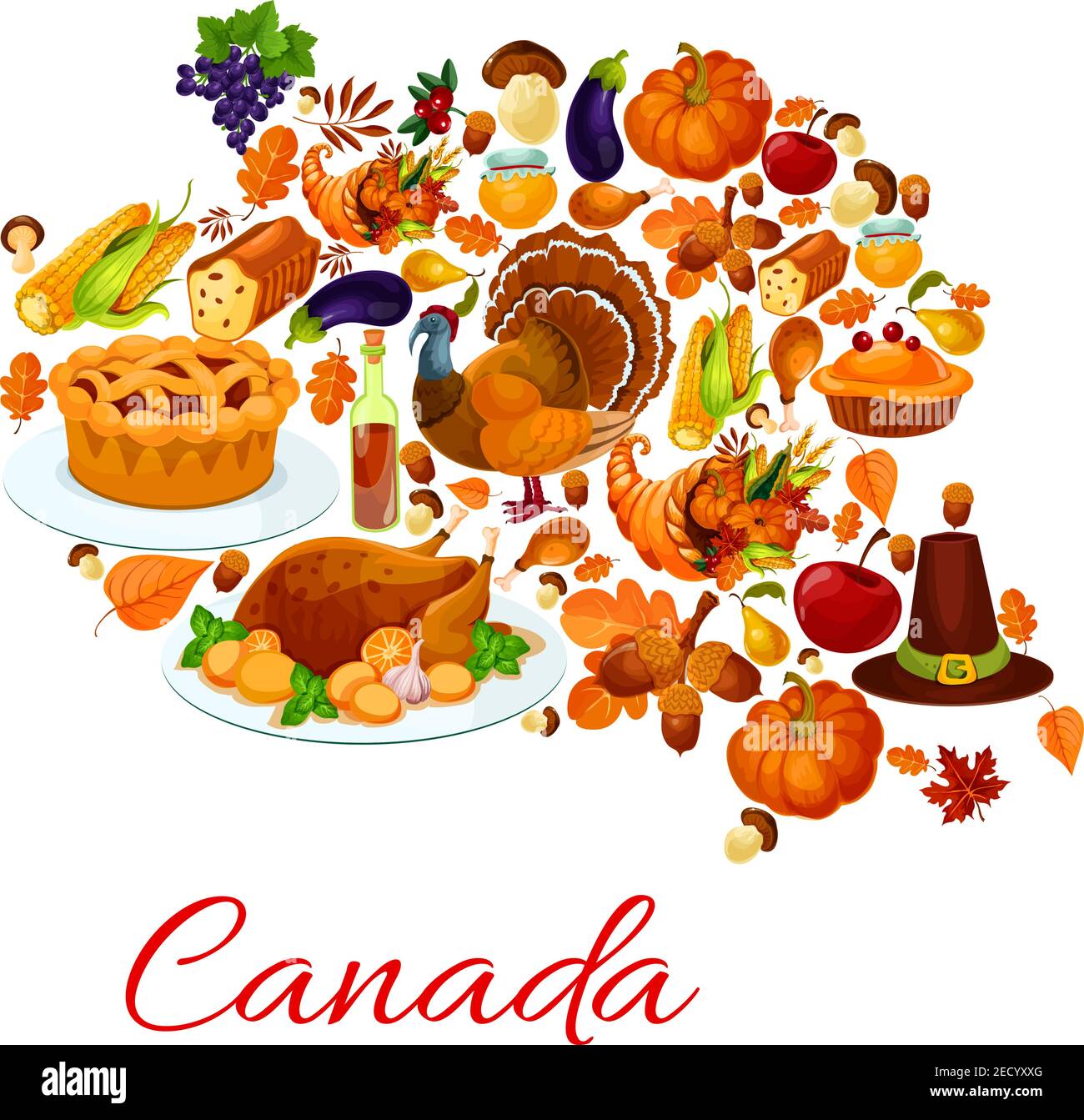 Thanksgiving celebration holiday symbols in canada map. Vector elements ...