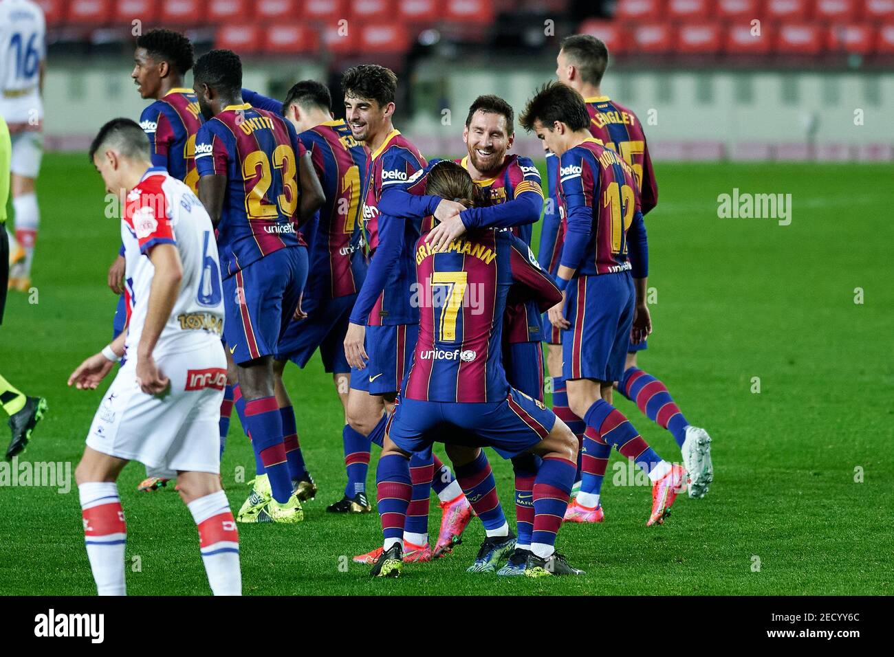 Lionel Messi and Antoine Griezmann of FC Barcelona celebrate a goal ...