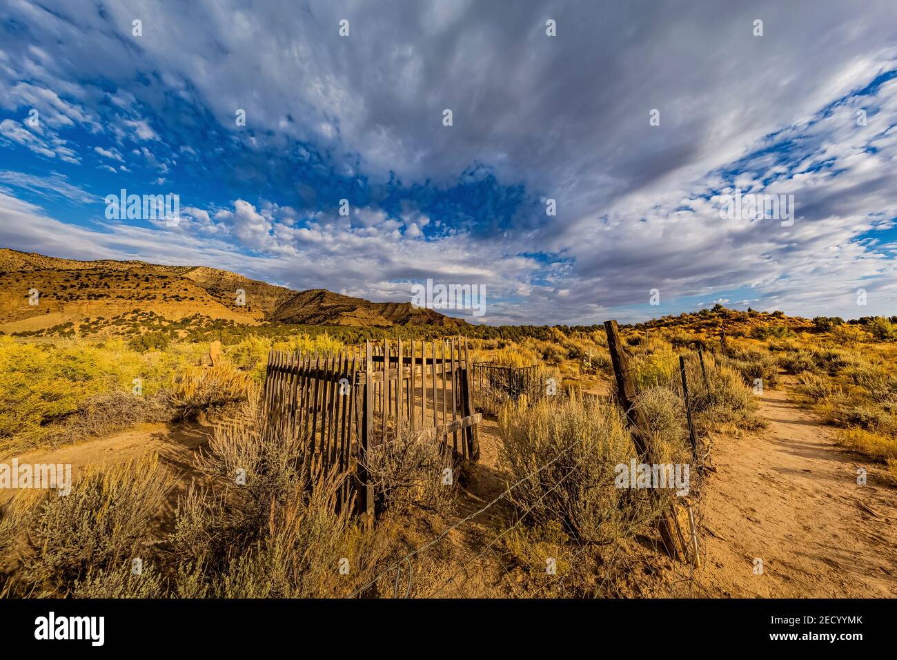 Desert grave with dramatic clouds overhead in the cemetery of the coal ...