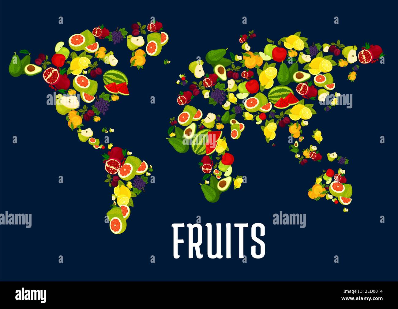 Map of world continents design of fruits. Vector elements of exotic and ...
