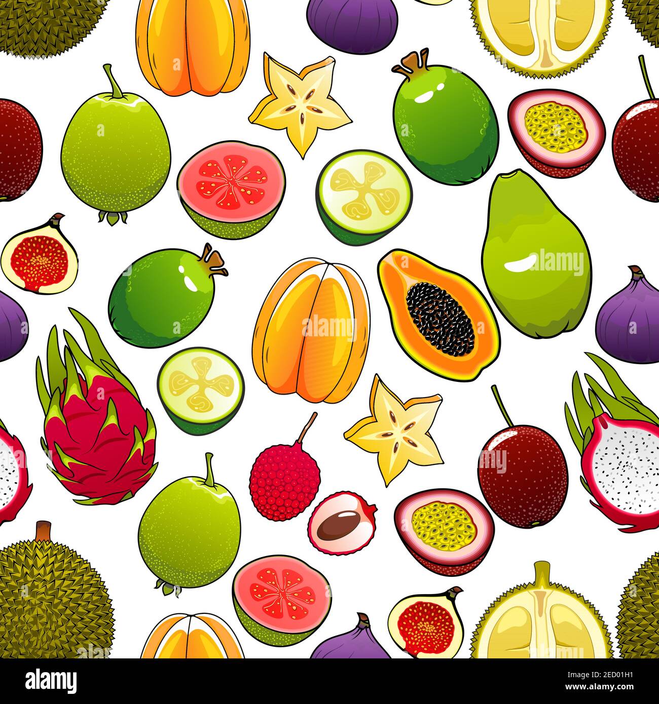 Exotic and tropical fruits. Vector seamless pattern of bright, fresh ...