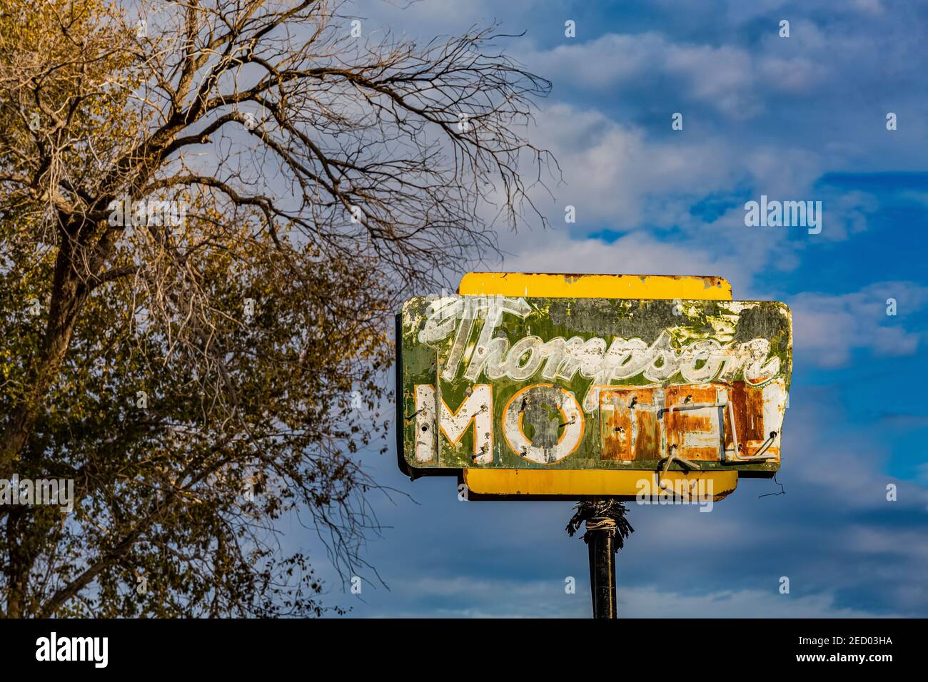 Sign for abandoned Thompson Motel in Thompson Springs, a town ...