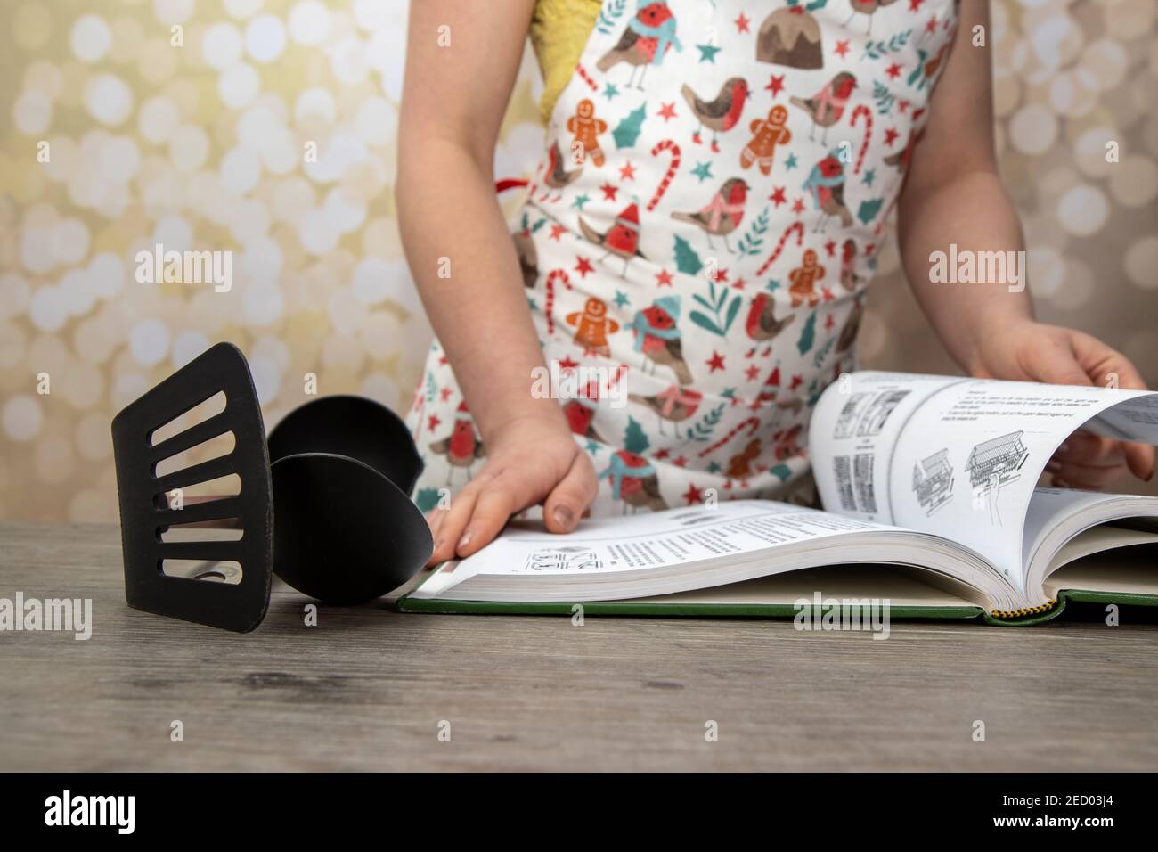 A woman in a kitchen reading a cook book wearing a Christmas style ...