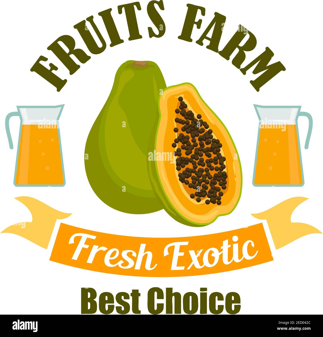 Ripe papaya fruit sign of sweet tropical pawpaw with juice pitchers ...