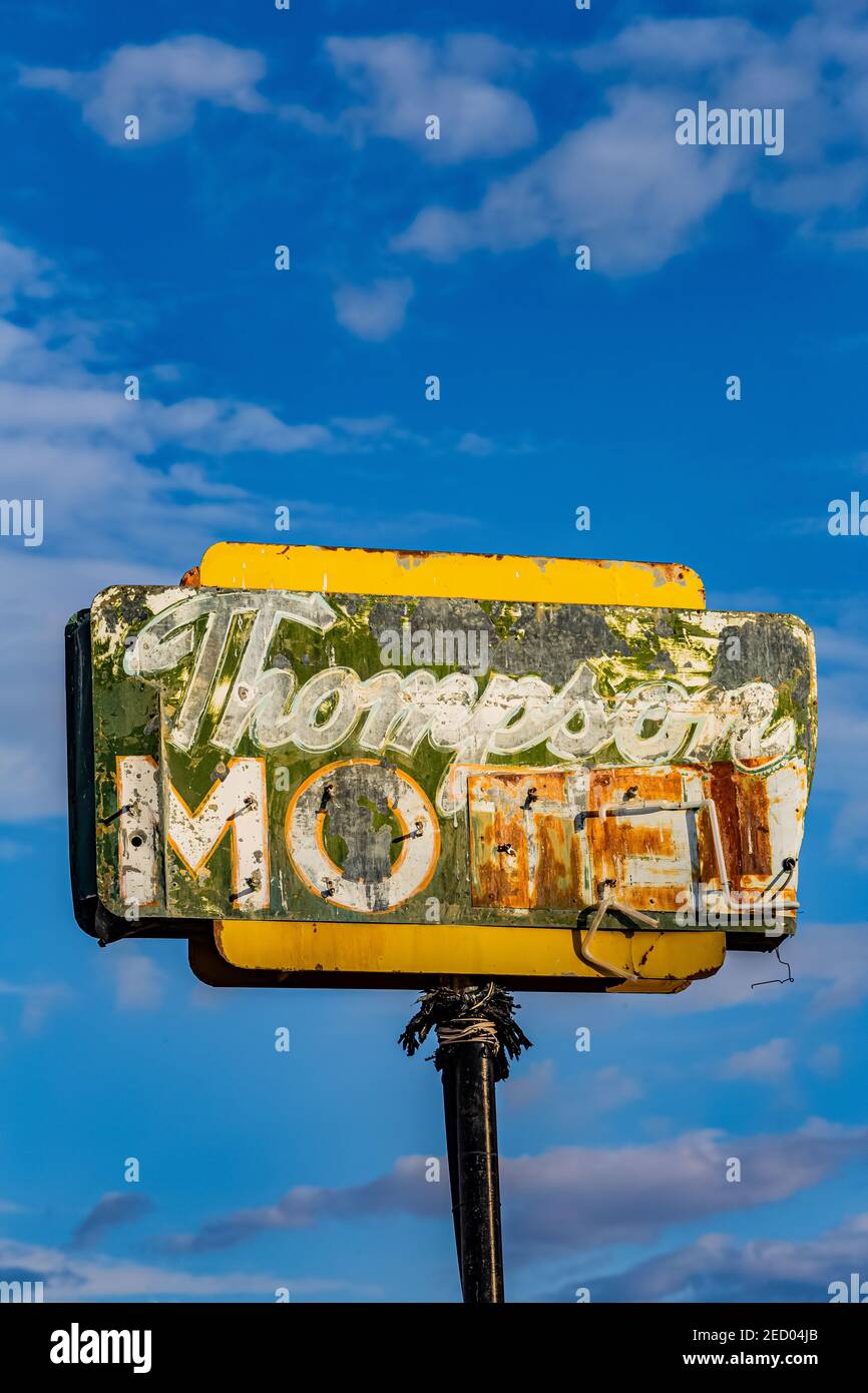 Sign for abandoned Thompson Motel in Thompson Springs, a town ...