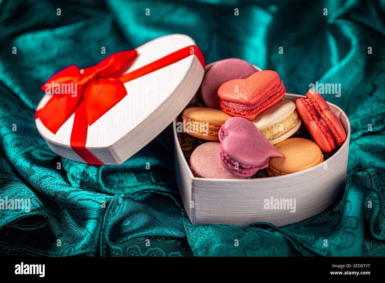 French macaron or macaroon in a heart shaped box. Valentine's Day ...