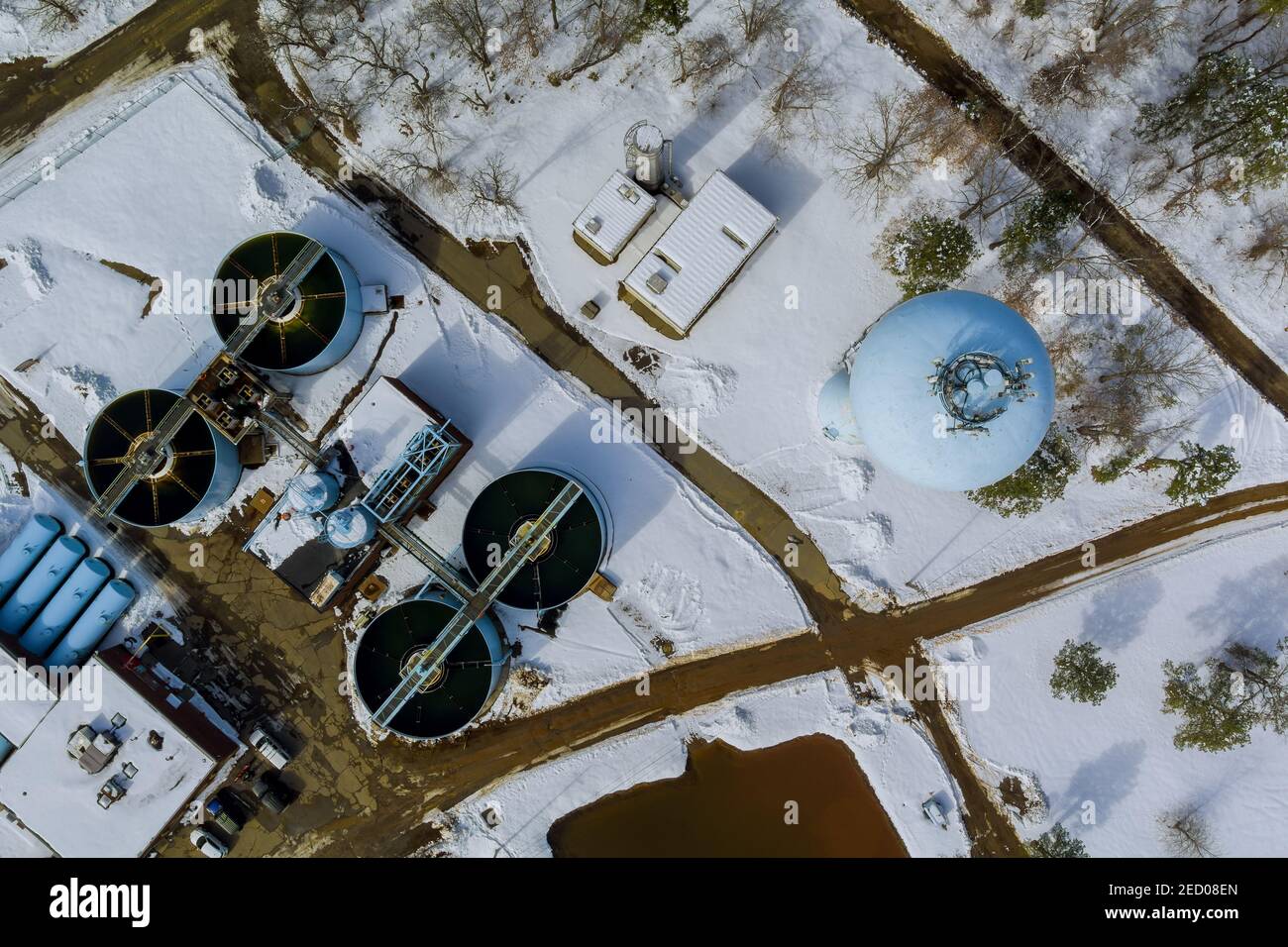 Sewage aerial view of a wastewater treatment processing plant sewage ...