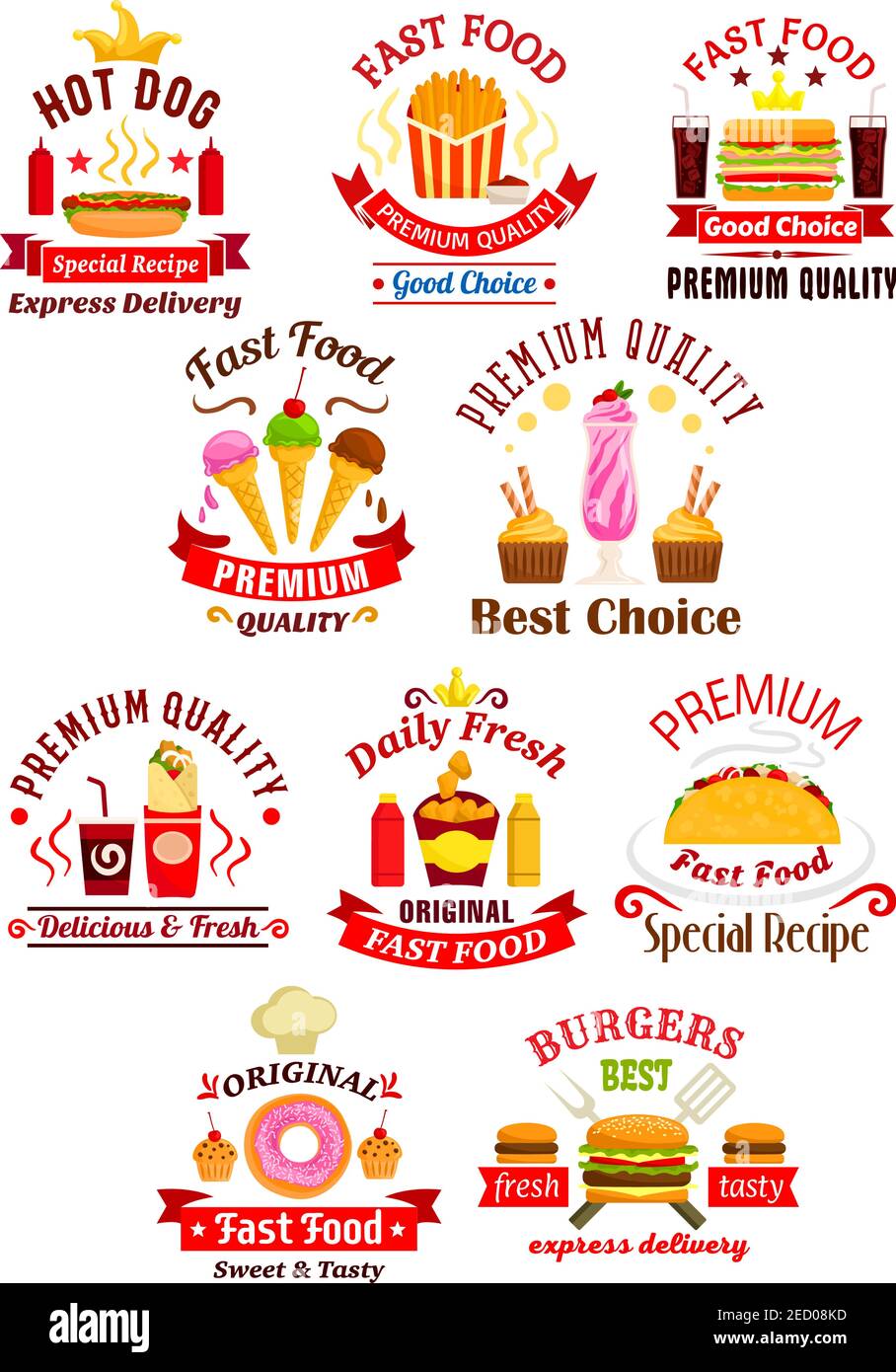 Fast food emblems. Cheeseburger, sandwich and hot dog, pizza, french ...