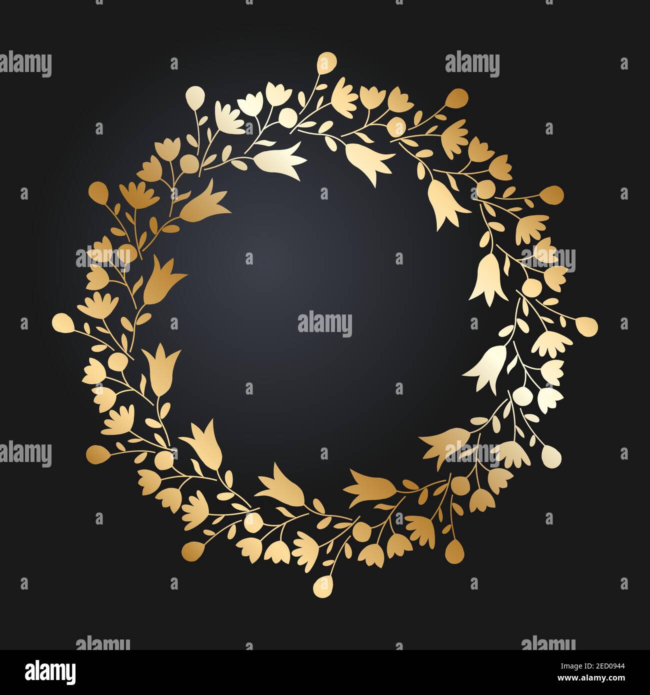 Floral gold border. Round golden frame with wild flowers and tulips ...