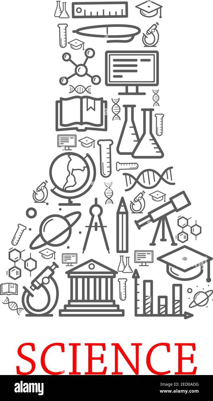 Vector outline science icons in shape of laboratory chemical test vial ...