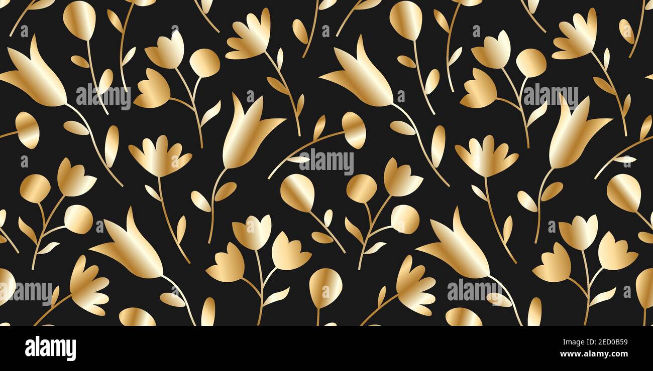 Vector gold and black seamless pattern with hand drawn flowers and ...