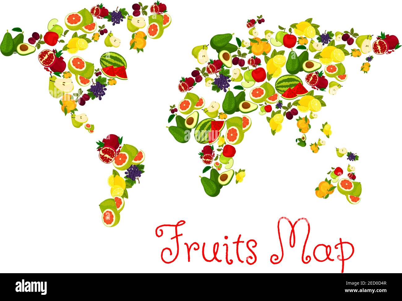 Fruits world map design elements. Vector map with continents of exotic ...