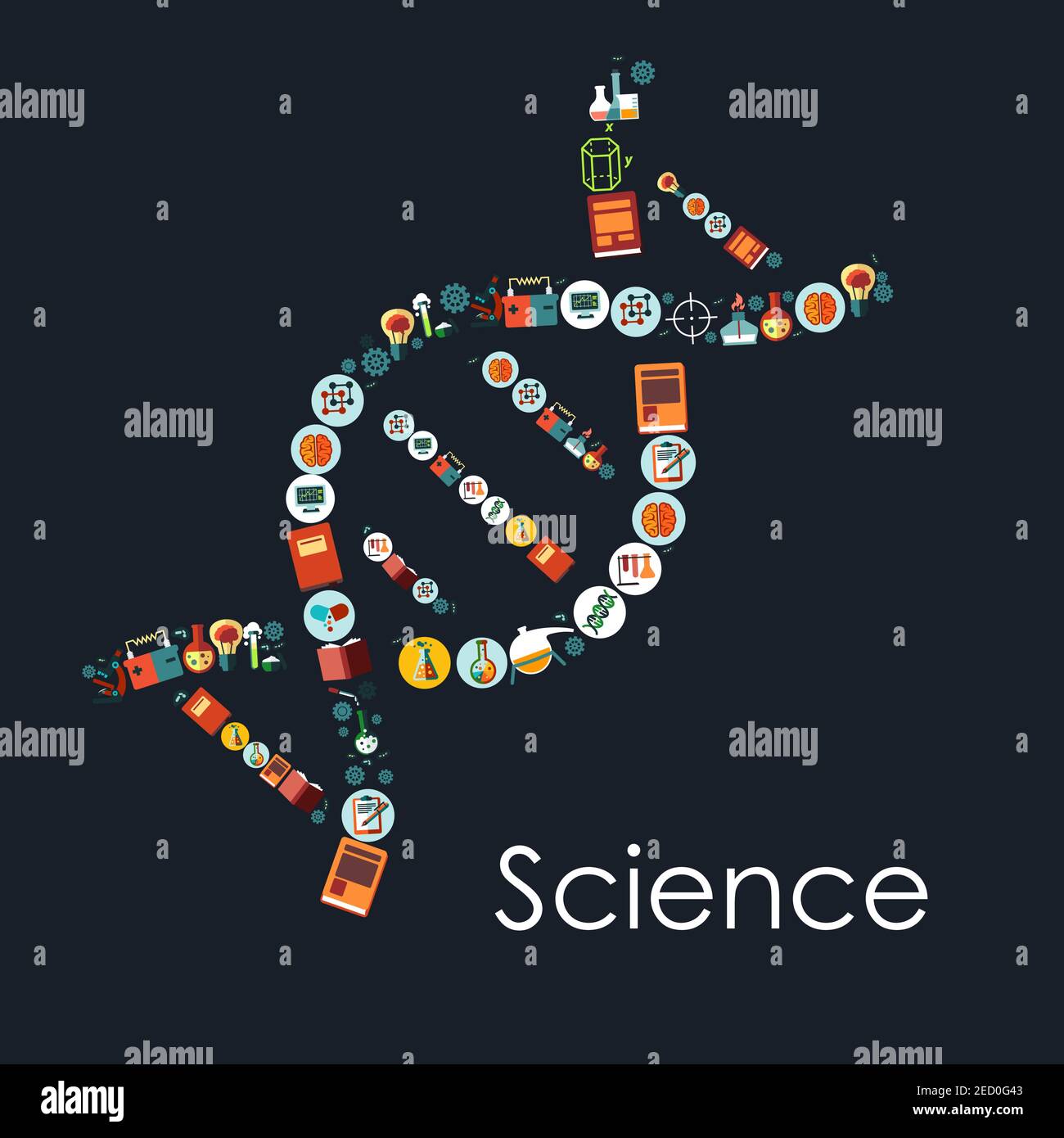 DNA icon shape with symbols of science. Vector scientific and medical ...