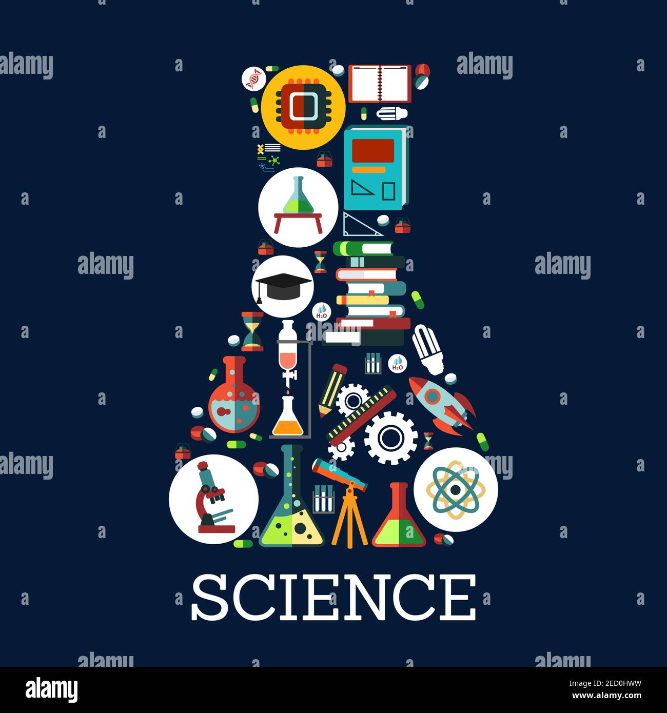 Science conceptual emblem in shape of chemistry laboratory beaker flask ...