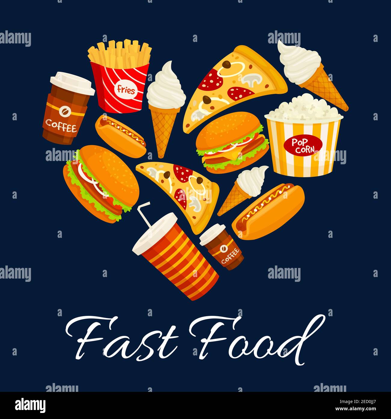 I love fast food flat icons in heart shape. Vector isolated fastfood ...