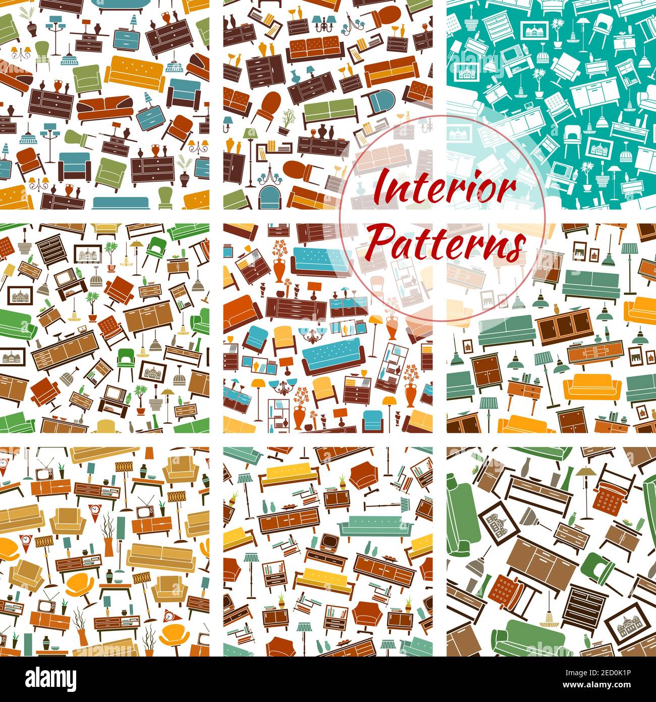 Interior patterns set of furniture icons. Vector seamless pattern of ...