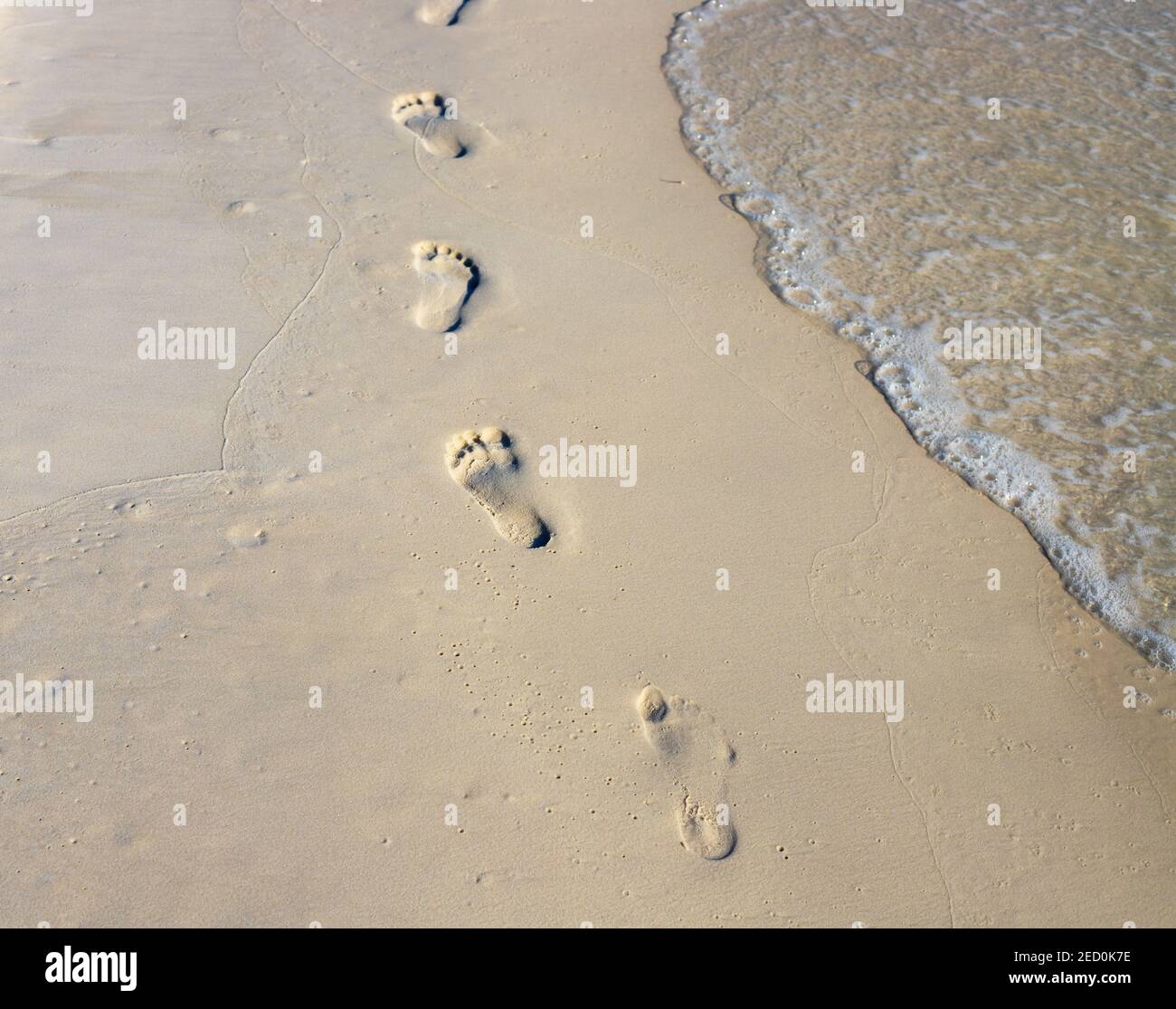 Barefoot walk chain on wet white sand. Beach view photo. Foot marks on ...