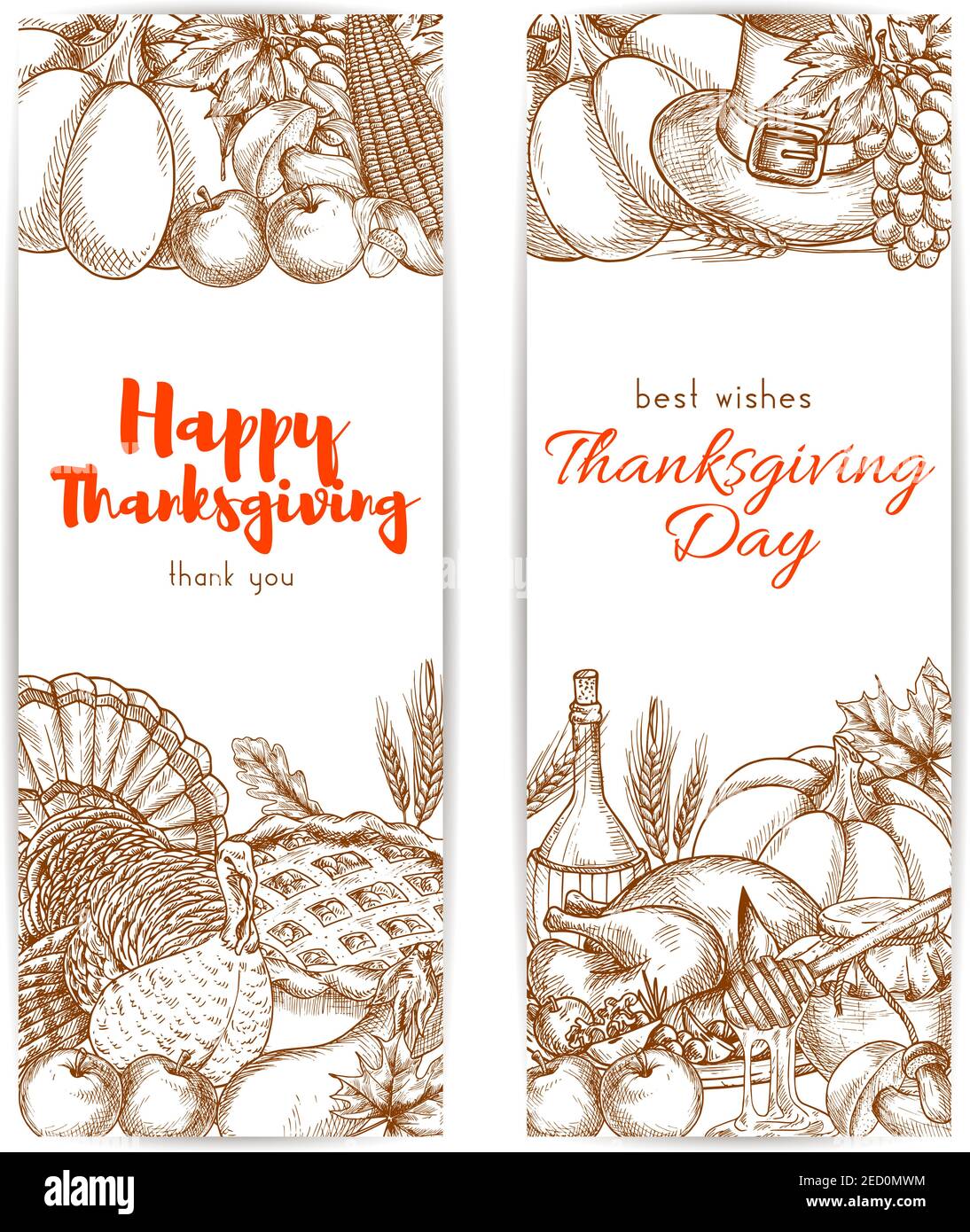 Thanksgiving day sketched retro greeting banners. Holiday posters with ...