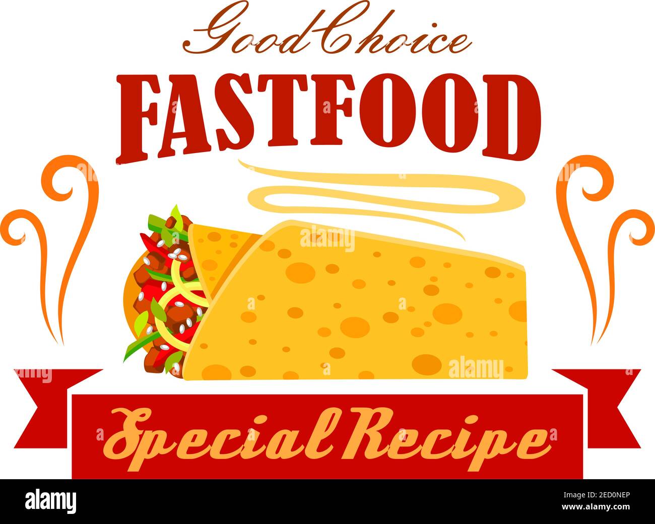 Fast food vegetable and meat Burrito roll emblem. Tasty mexican roll ...