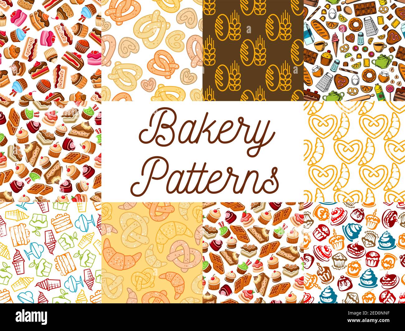 Bakery and patisserie desserts patterns. Bread, croissant, bread ...