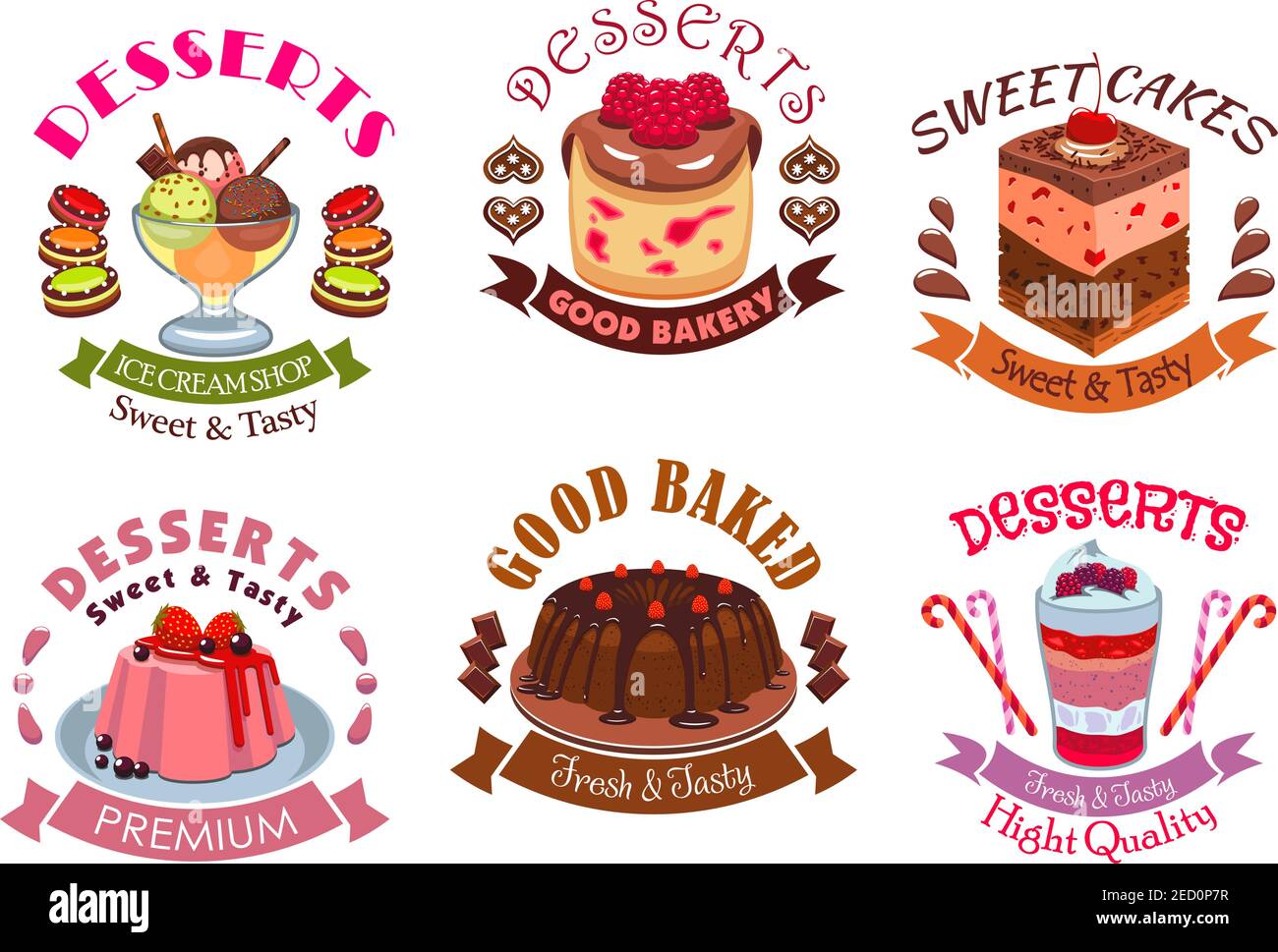 Bakery desserts, pastry cakes emblem labels set. Vector isolated icons ...