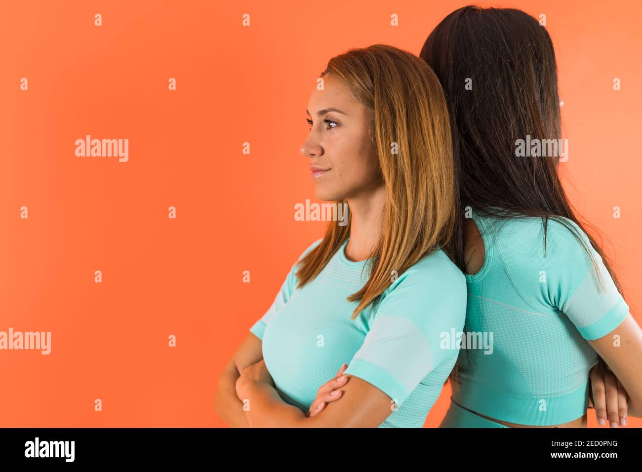 Two Beautiful Confident Women Leaning On Each Other Back, studio shot ...