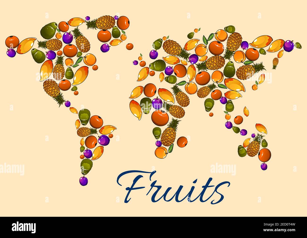 Fruits icons in world map. Vector map with continents shaped by garden ...