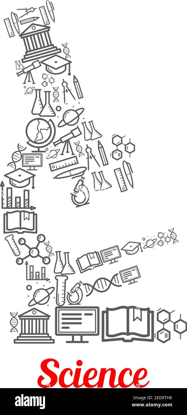 Microscope emblem with science and knowledge icons atom, formula ...