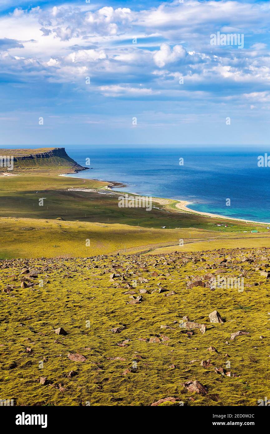 View of barren coastal landscape with cliffs and the Denmark Strait, Cape Bjargtangar ...