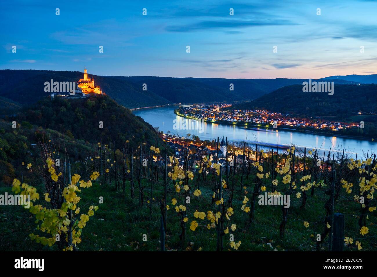 Marksburg Castle at dusk, UNESCO World Heritage Site Upper Middle Rhine ...