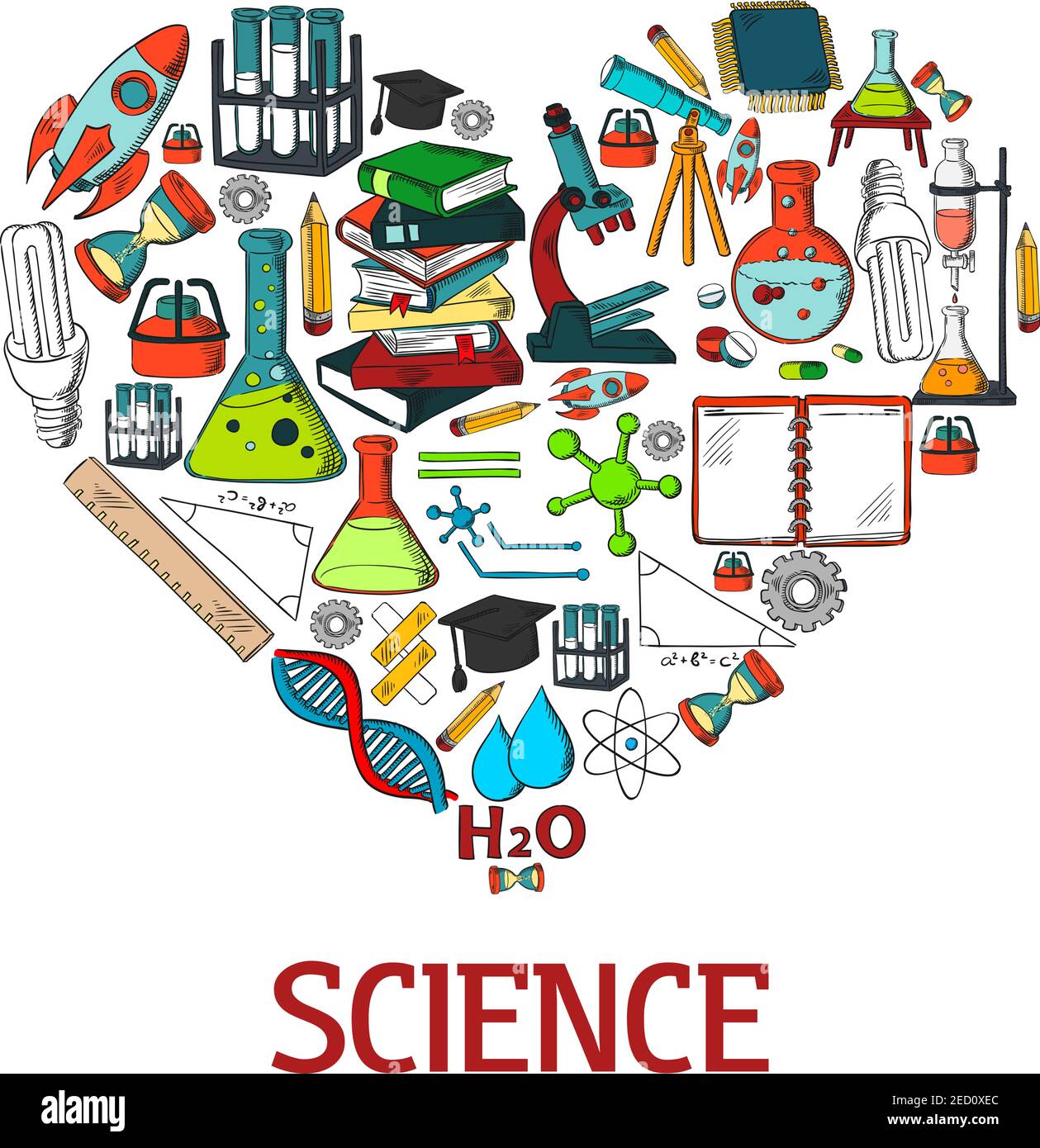 Heart shape emblem with science vector icons. Scientific conceptual ...