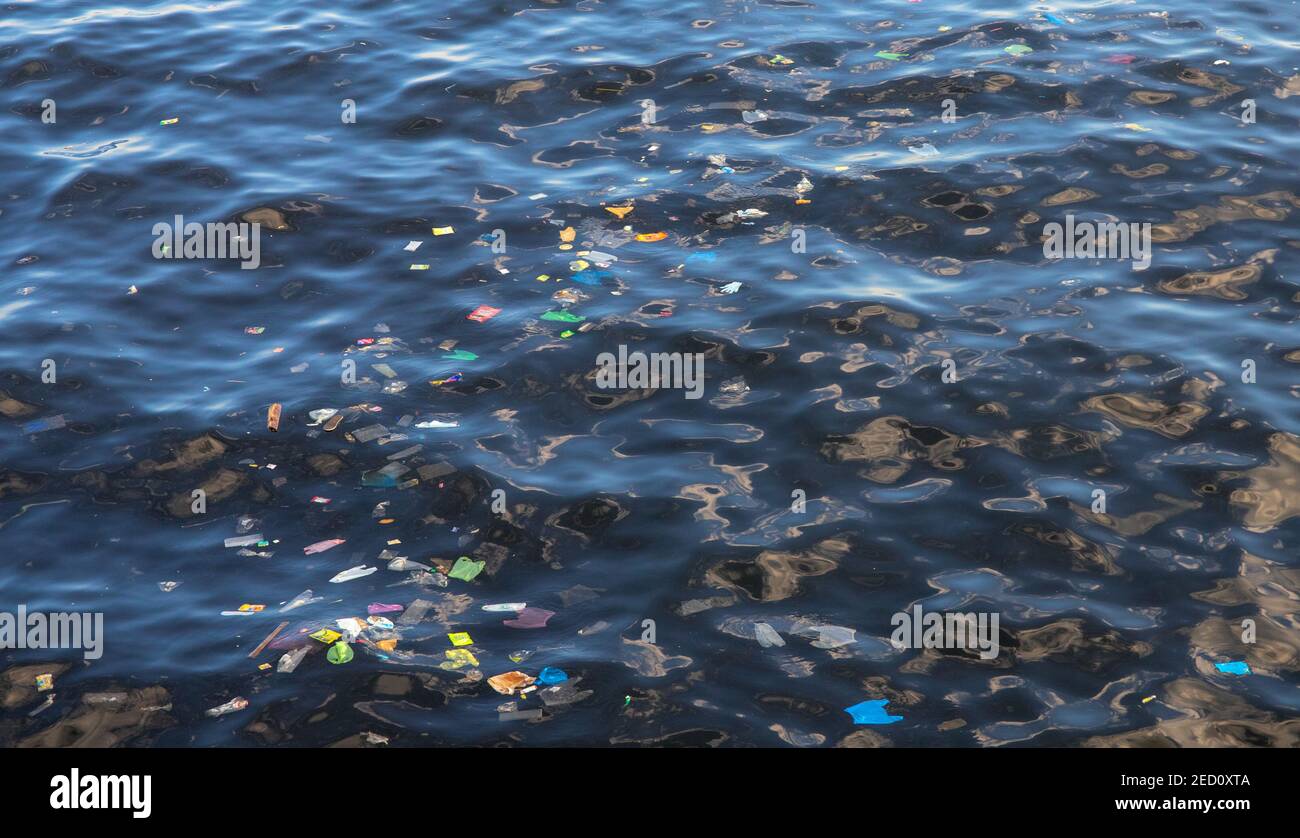 Garbage in sea water. Plastic trash in ocean. Ecological problem. Urban ...