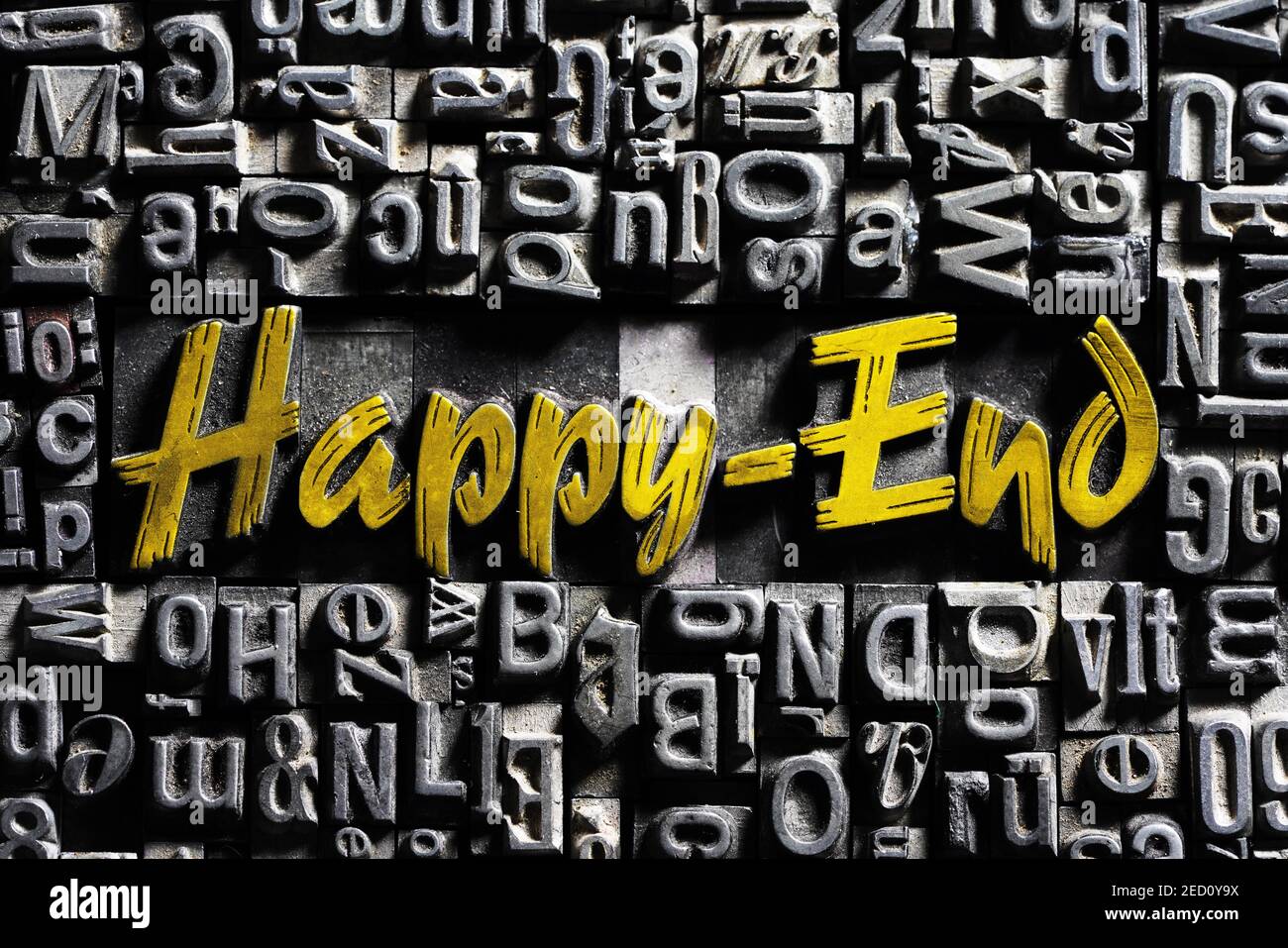 Old lead letters with golden writing, word happy ending Stock Photo - Alamy
