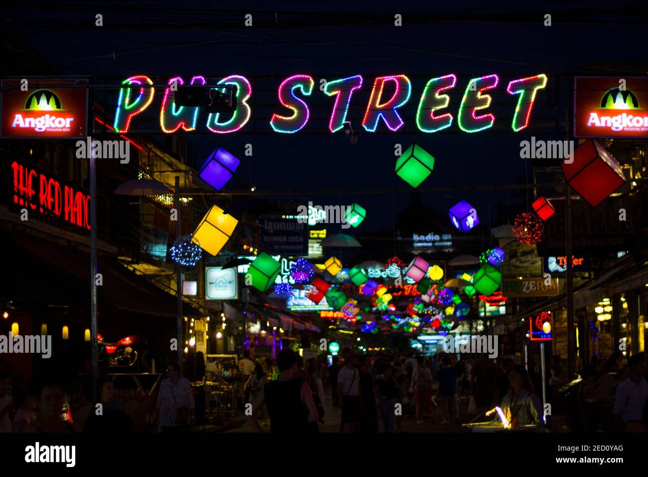 Siem Reap, Cambodia - 26 March 2018: Pub street night view with bars ...