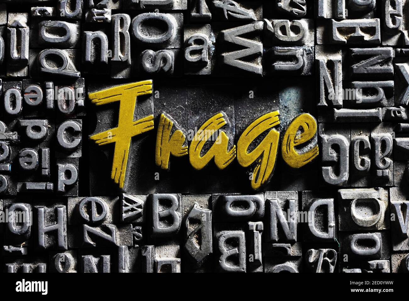 Old lead letters with golden writing, word question Stock Photo - Alamy