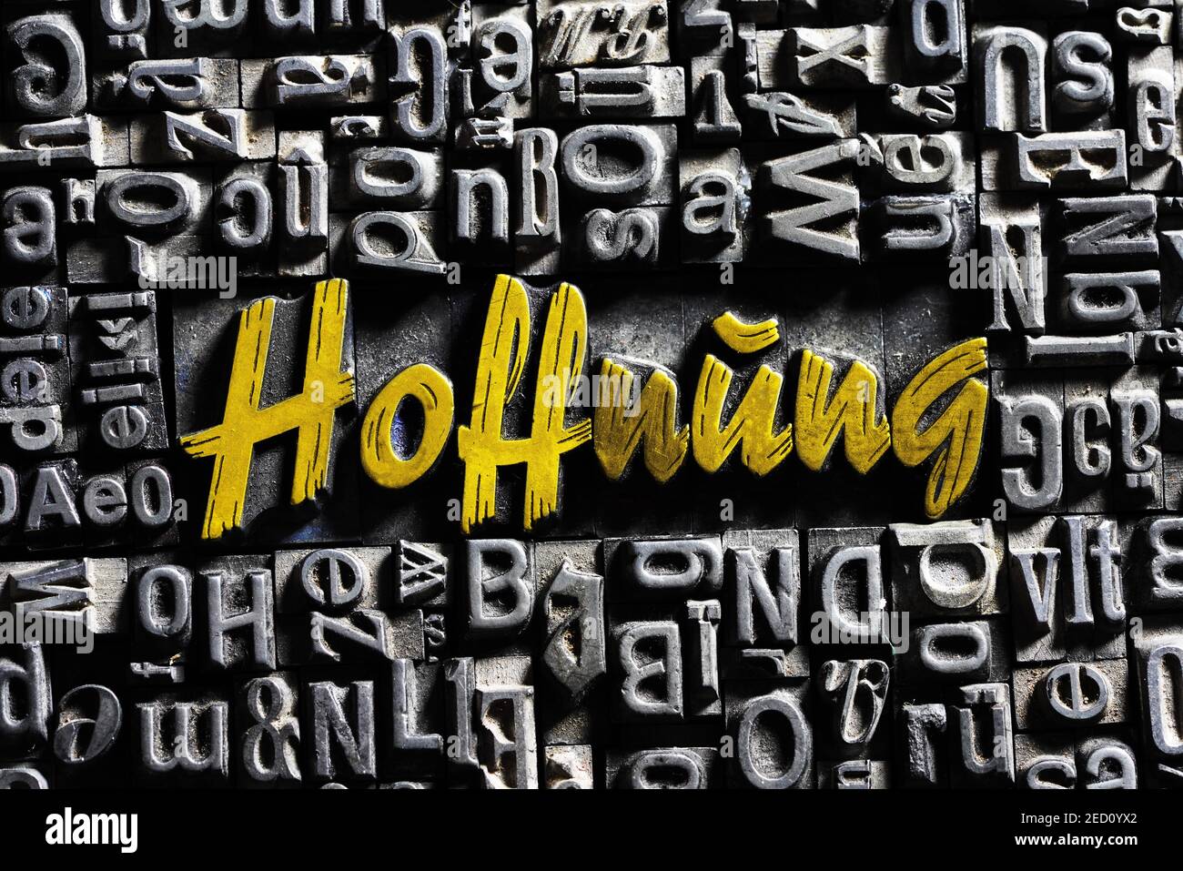 Old lead letters with golden writing, word hope Stock Photo - Alamy