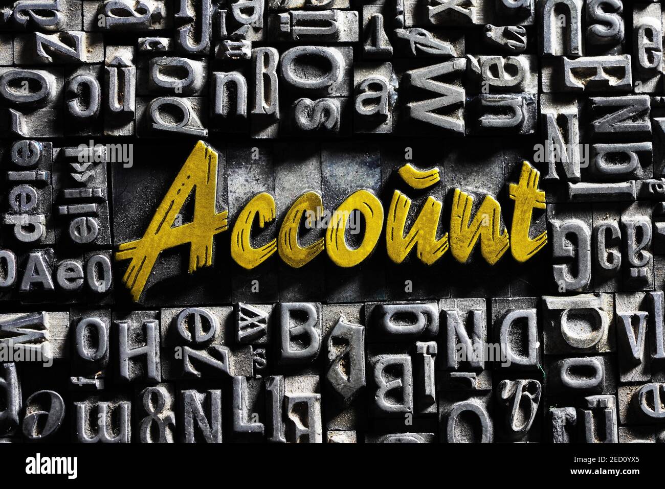 Old lead letters with golden writing, word Account Stock Photo - Alamy